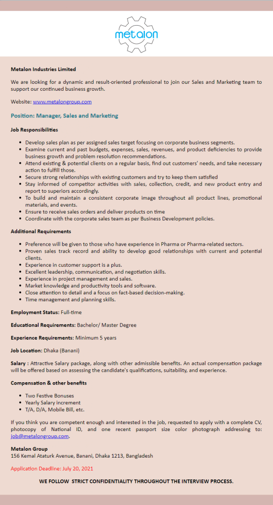 Metalon Group Job Circular- 2022 – eJob Circular BD