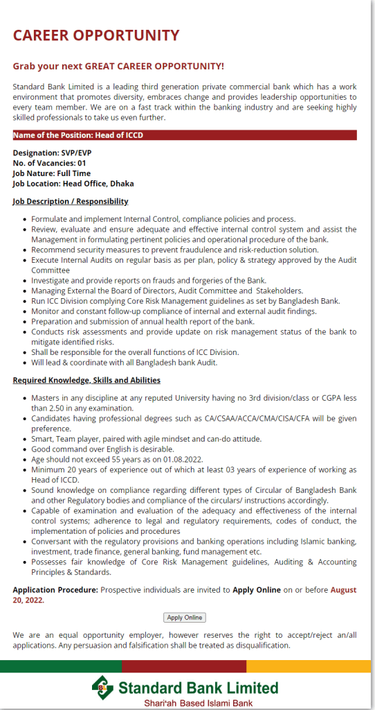 Standard Bank Limited Job Circular 2022 – eJob Circular BD